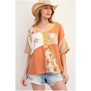 easel | Tops | Easel Floral Print Star Patch Reverse Stitch Color Block ...